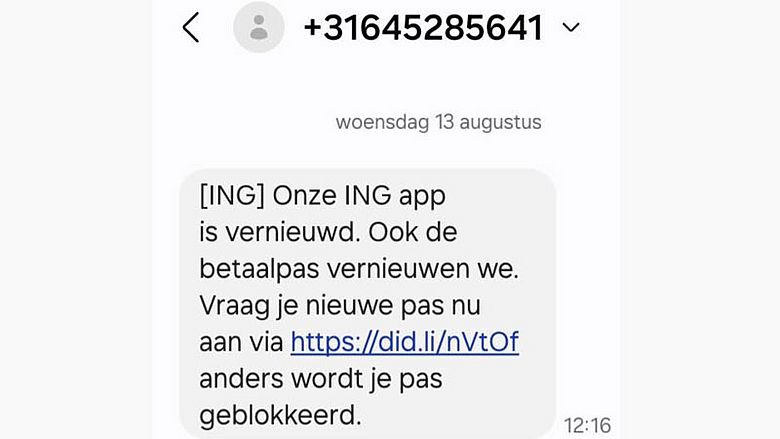 HCC - Pas op: valse sms over vernieuwde ING-app en bankpas